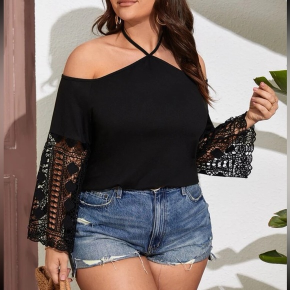 Tops | Plus Size Lace Sleeve Cold Shoulder Halter Top | Poshmark